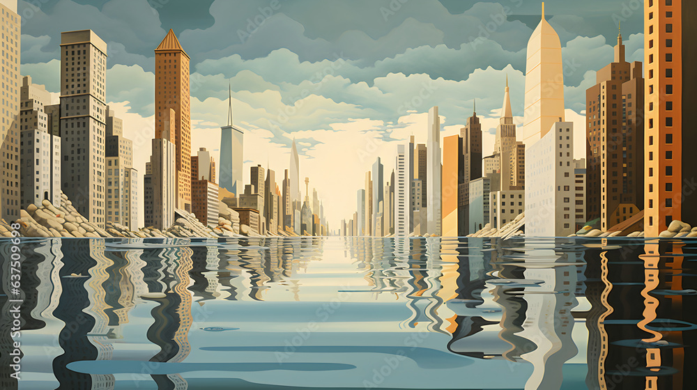 A surreal cityscape where buildings and structures seem to float above ...