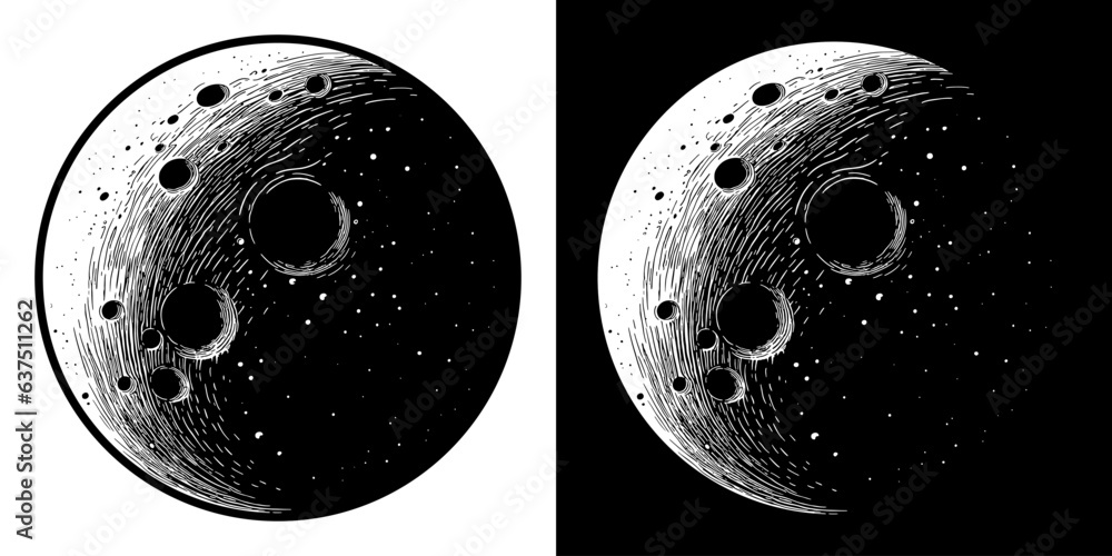 Moon with craters in pen stroke style drawing. Black and white moon in ...