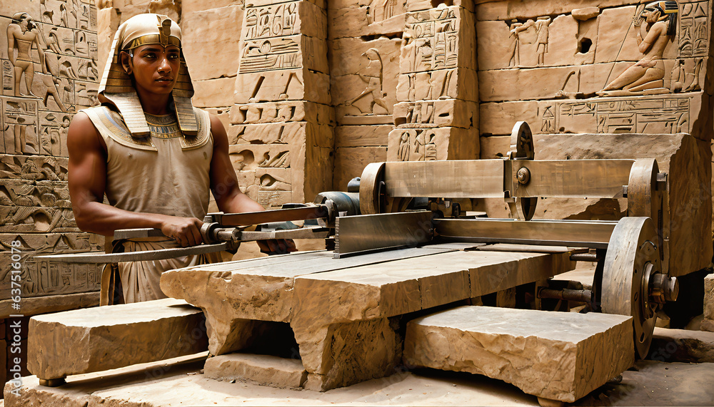 ancient Egyptian pharaoh worker using some mechanical saw machinery to ...