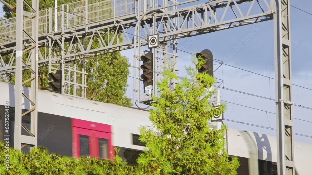 Passenger Commuter Train Passing under Railway Track Portal Catenary ...