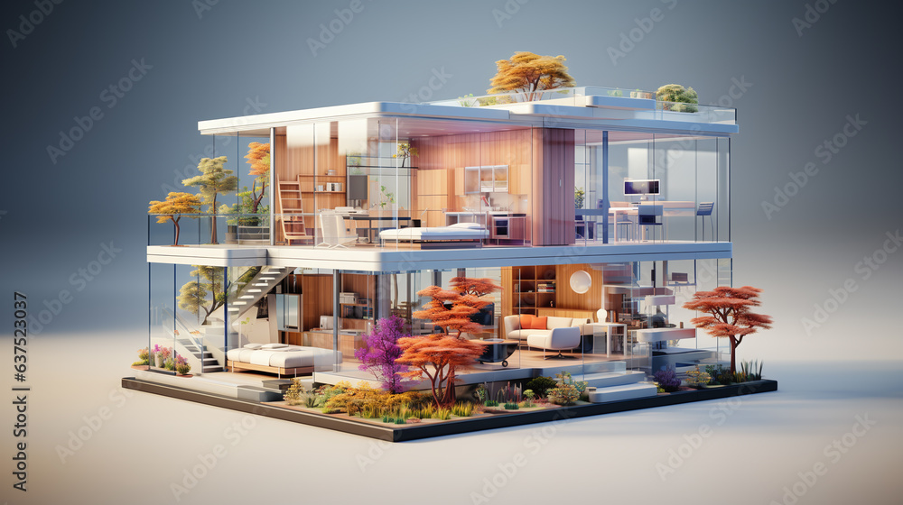 Isometric futuristic family house with glass windows and rooms interior ...
