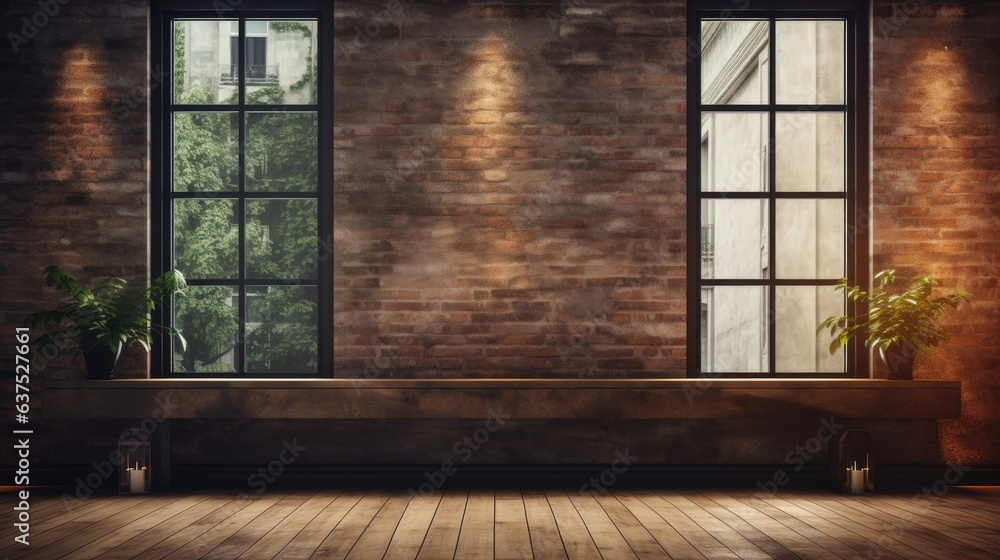 Spacious floor to ceiling window on concrete wall with wooden sill ...