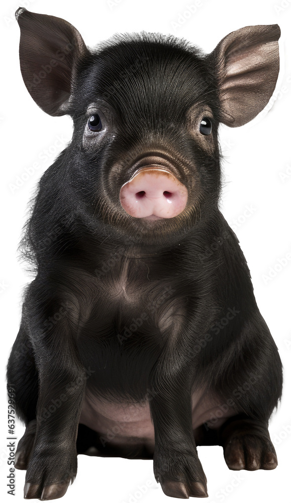 Cute domestic black baby pig isolated on a white background as ...