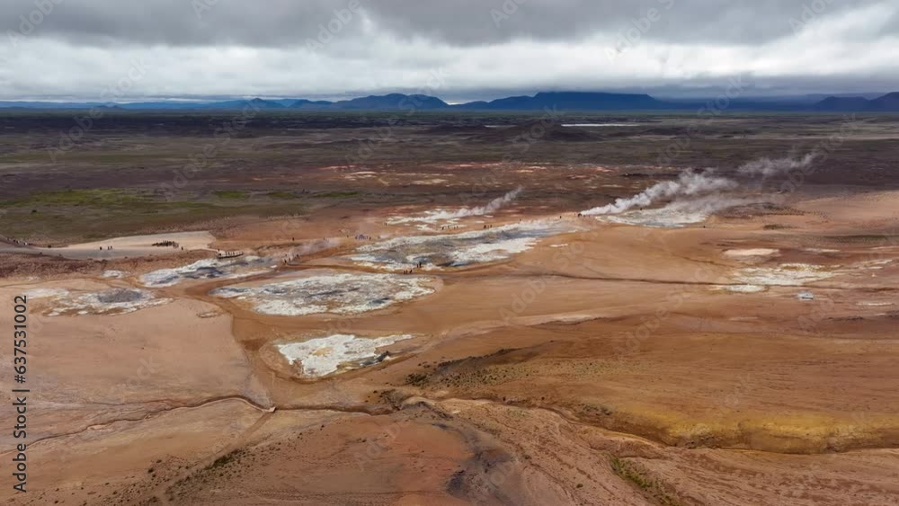 Drone footage of Namafjall Hverir geothermal area in Iceland.Aerial ...