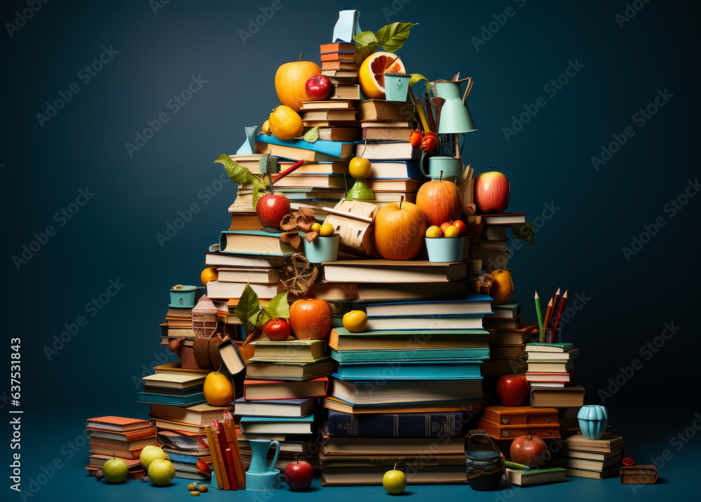 Stack of books with fruits and vegetables in the shape of a pyramid. A ...