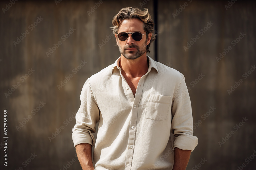 Handsome 40 years old man in linen shirt on earthy tones background ... Handsome 40 years old man in linen shirt on earthy tones background ...