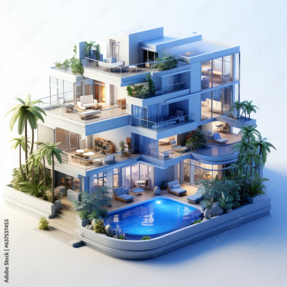 3D model a blue modern hotel with swimming pool and palms, isometric ...