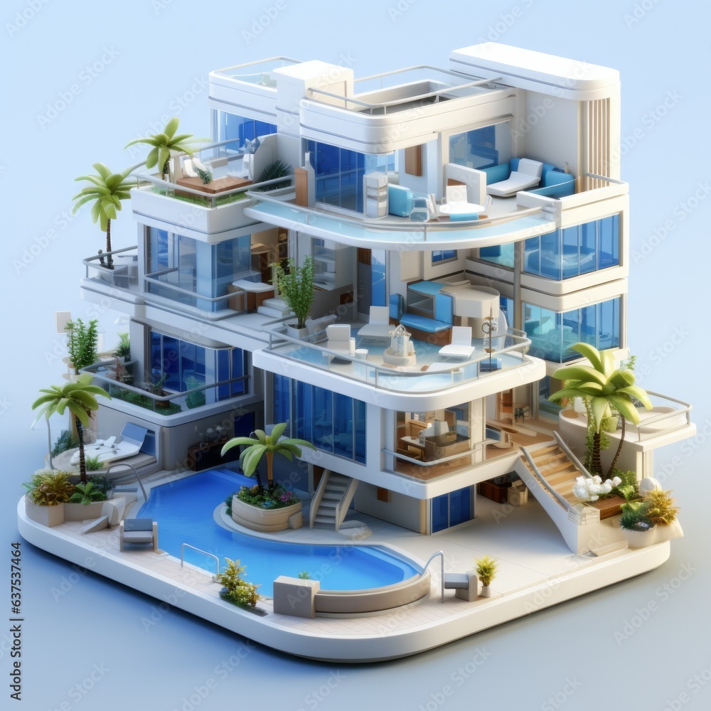 3D model a blue modern hotel with swimming pool and palms, isometric ...