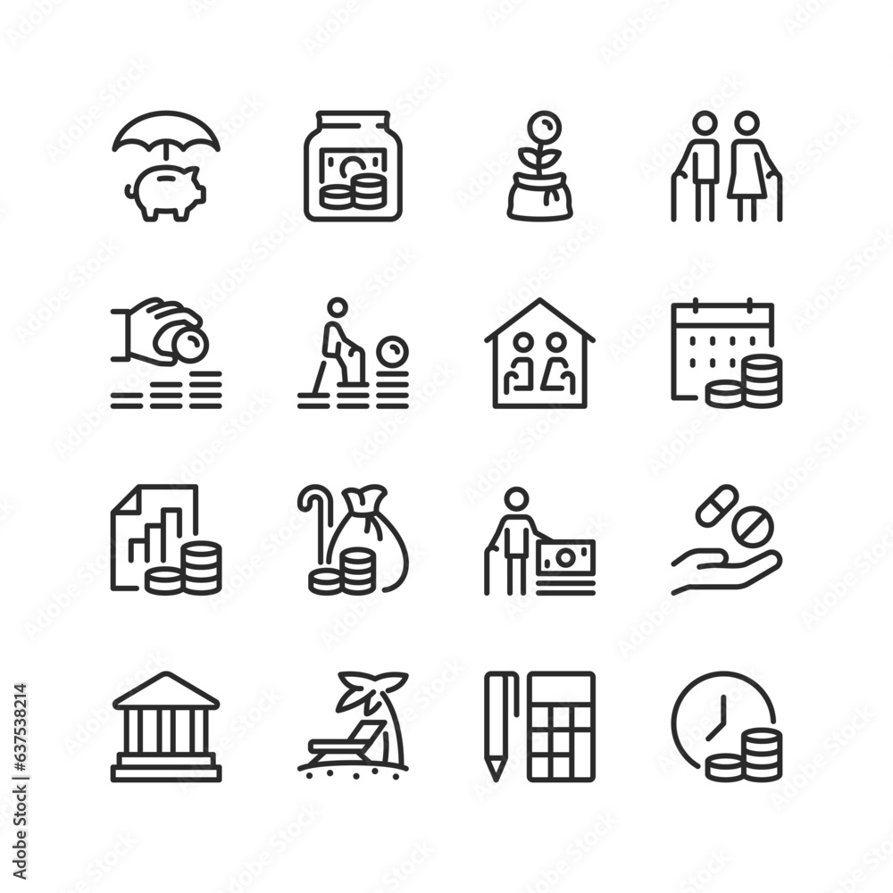 Pension, linear icons set. Savings, security of pension savings and ...
