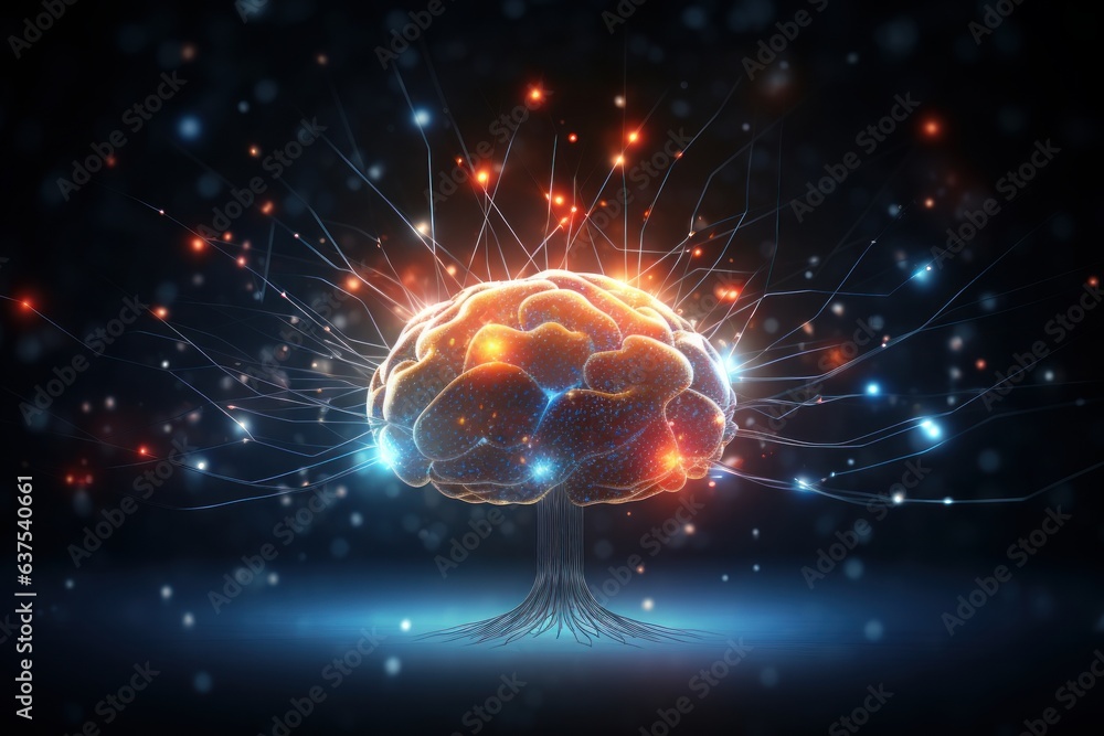 Model of human brain in vibrant colors on dark background. Active parts ...