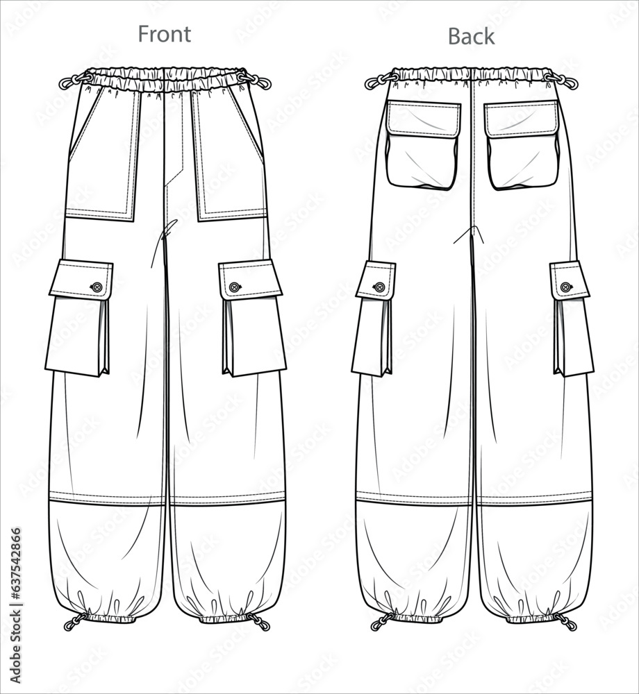 Vector woman fleece jogger technical drawing, utility style pants with ...