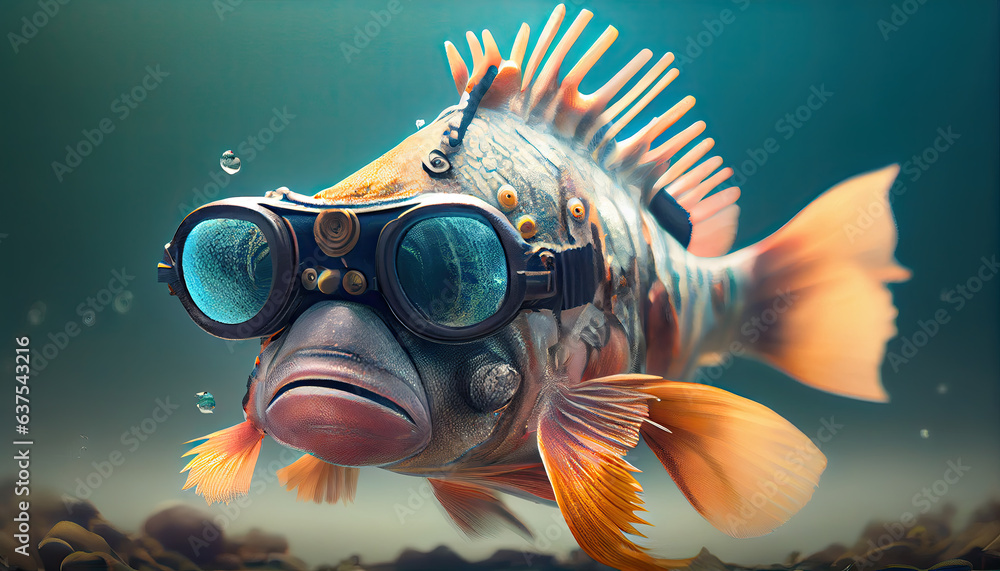 Cartoon fish wearing in diving equipment. Stock Illustration | Adobe Stock