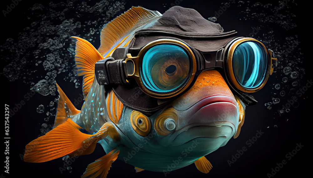 Cartoon fish wearing in diving equipment. Stock Illustration | Adobe Stock