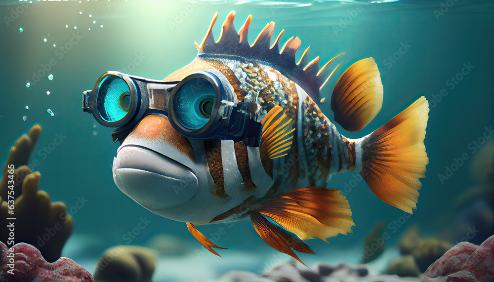 Cartoon fish wearing in diving equipment. Stock Illustration | Adobe Stock
