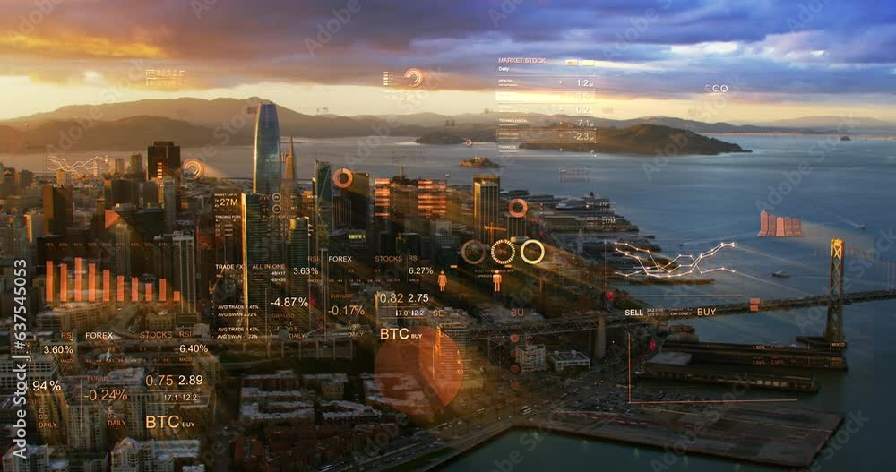 Holographic Financial Charts and Graphs over Aerial View of San ...