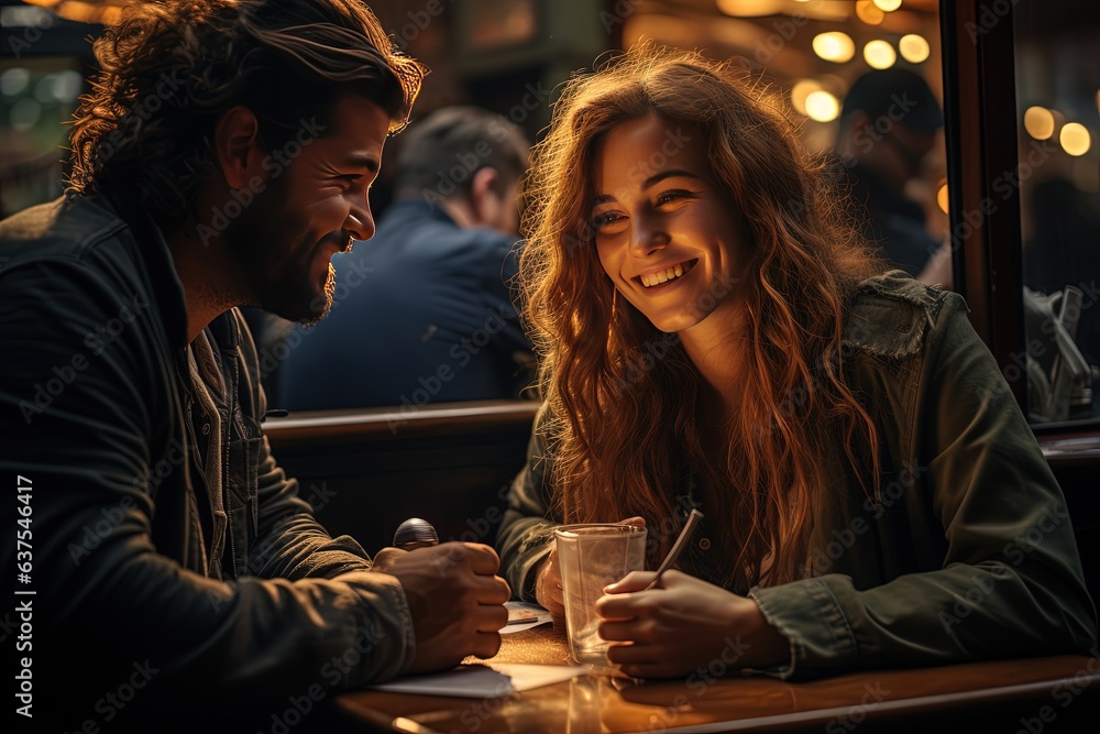 Foto de Friends seated around a table, their faces lit up with laughter ...
