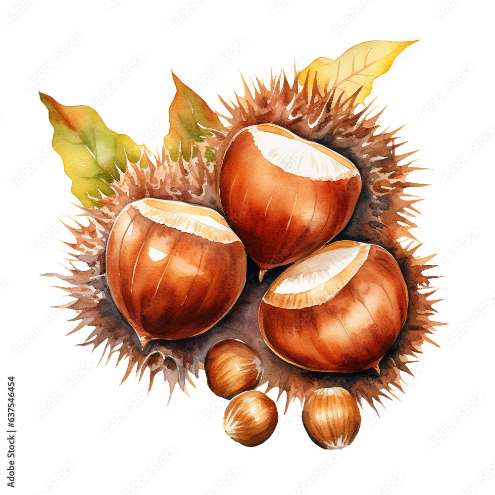 Watercolor chestnut on transparent background, fall design elements ...