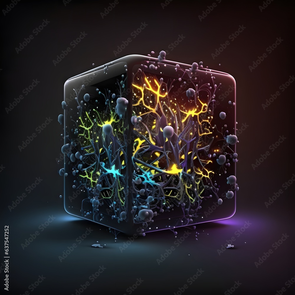 Cube with neural brain network, neuro cell illustration, glowing nerve ...