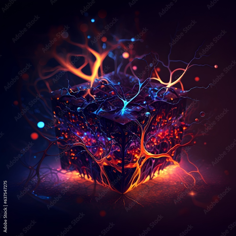 Cube with neural brain network, neuro cell illustration, glowing nerve ...