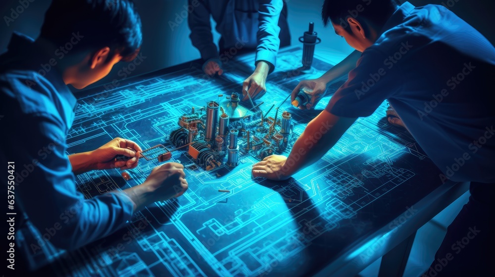 Engineers collaborating around a blueprint, embodying the teamwork and ...