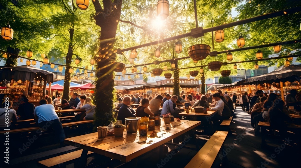 Oktoberfest Celebration in Munich: Beer Garden Bustle with Wooden ...