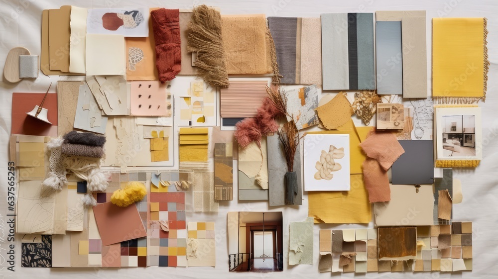 A mood board displaying fabric swatches, paint samples, and design ...