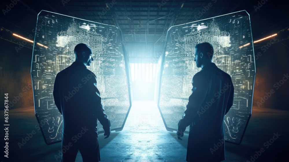 Foto de A hacker and a digital shield facing off in a virtual arena ...