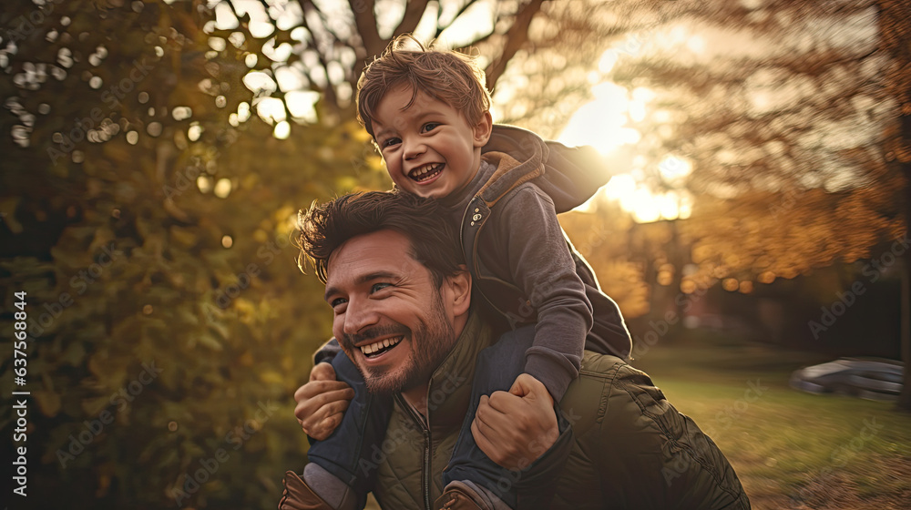 Father giving son ride on back in park. Portrait of happy father giving ...