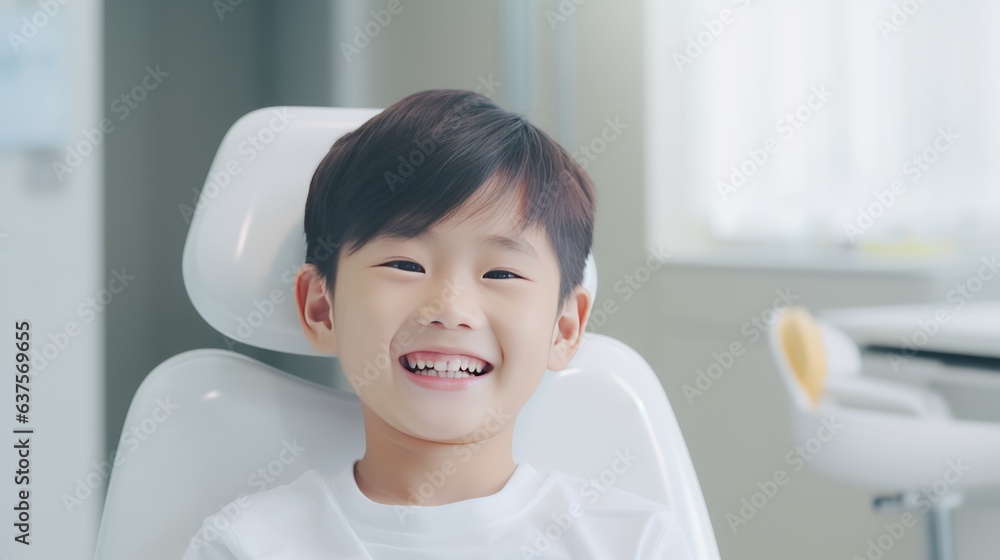Portrait of a smiling asian kid sitting in the dentist's office ...