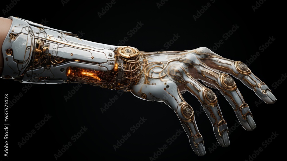 White and gold robot hand isolated on a black background reaching out ...