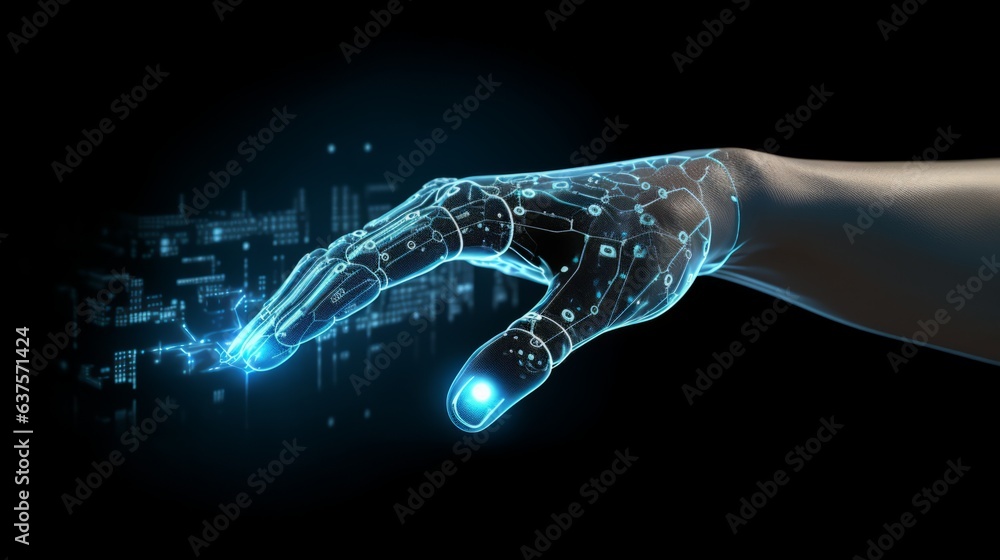 Robot hand isolated on a black background reaching out. Blue digital ...