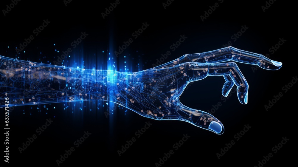 Robot hand isolated on a black background reaching out. Blue digital ...