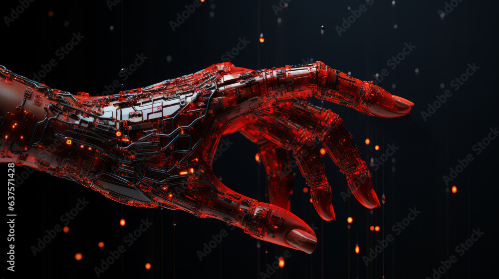 Robot hand isolated on a black background reaching out. Red digital ...
