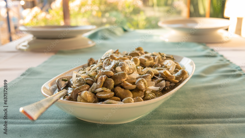 Traditional Turkish food; Fresh broad bean salad with olive oil, broad ...