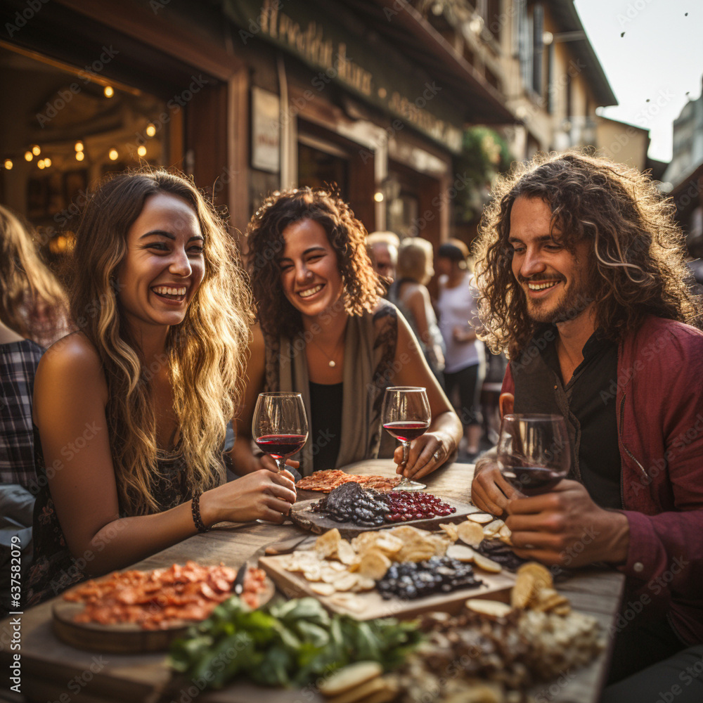 Young people eat a rustic meal in a historic old town in Tuscany, ai ...