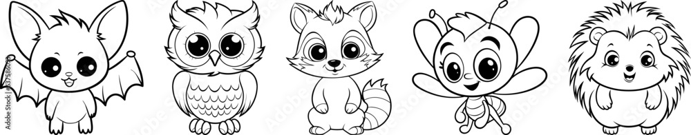 Nocturnal animals friendly cartoon characters collection. Bat, owl ...