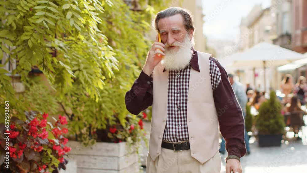 Senior mature man tourist having remote conversation communicate ...