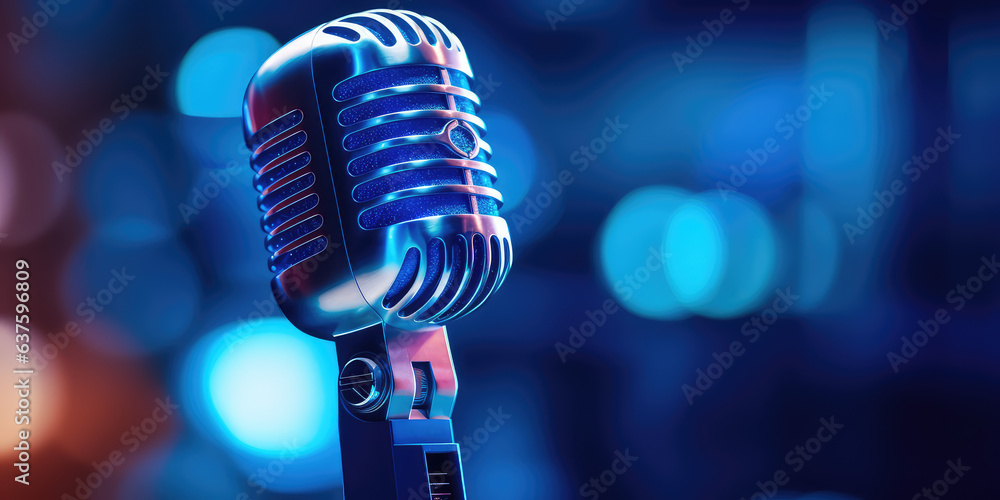 Microphone, close up shot, neon blue color palette. Microphone on ...