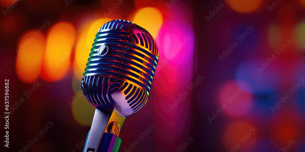 Microphone, close up shot, neon blue color palette. Microphone on ...