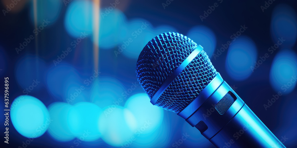Microphone, close up shot, neon blue color palette. Microphone on ...