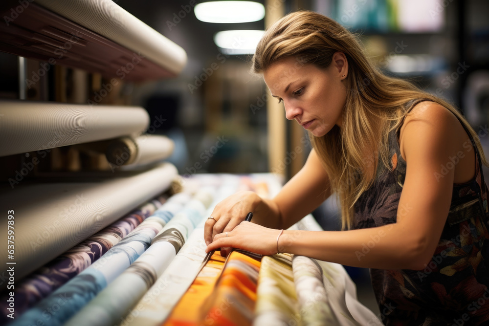 Carefully inspecting a bolt of cloth on a light box this Textile Worker ...