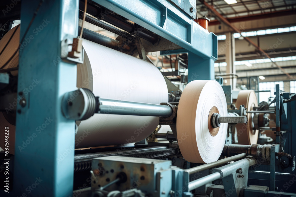 Close up shot of an industrial papermaking machine with a series of ...