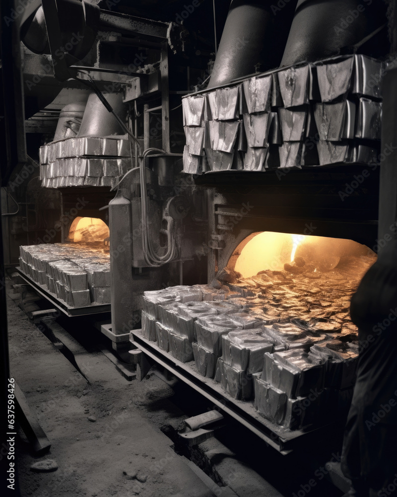 A clinker oven full of bright shimmering metal ingots. The clinker oven ...