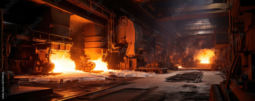 The interior of an aluminium smelter. Molten metal pours slowly through ...