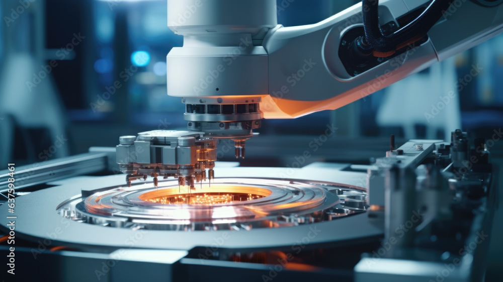 closeup shot of a robotic arm in a semiconductor manufacturing facility ...