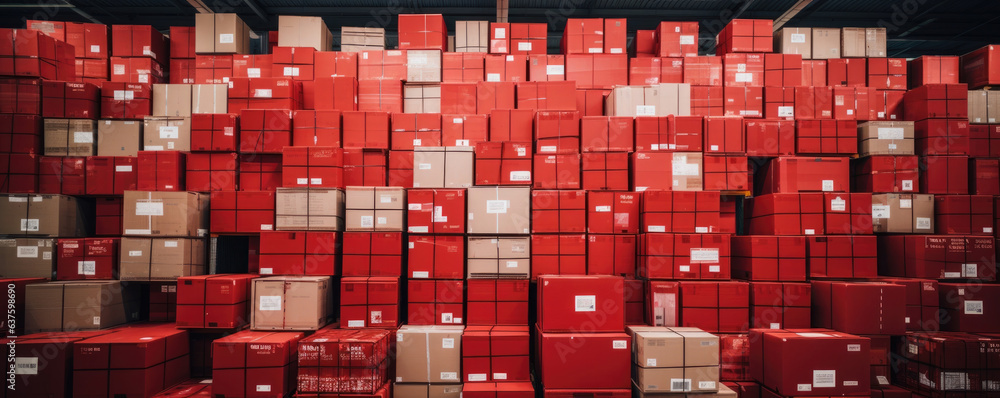 An organized grid formation of boxes lining a warehouse their bright ...