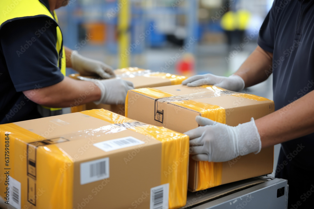 Two workers are affixing safety warnings onto the sides of packages ...