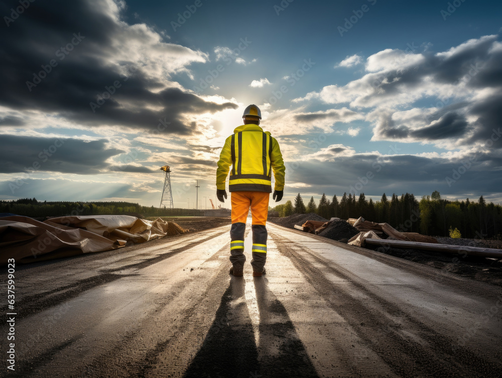 The bold figure of a Paving Worker stands out with the sun glinting off ...
