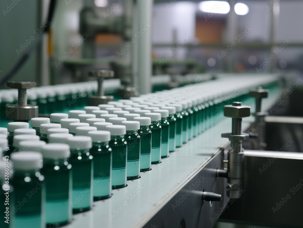 Medical vials on a pharmaceutical production line at a state-of-the-art ...