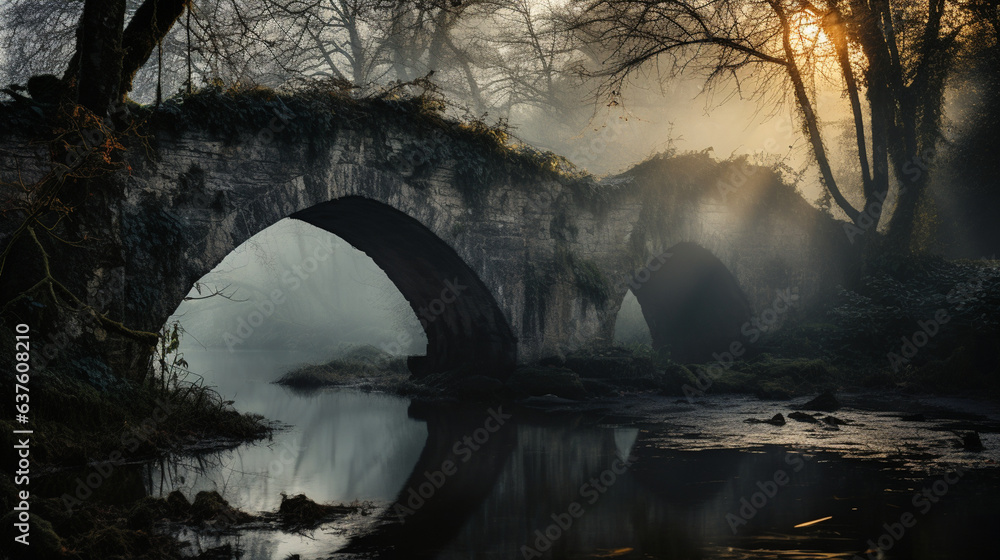 Wisps of fog drifting through the arches of a medieval bridge Stock ...